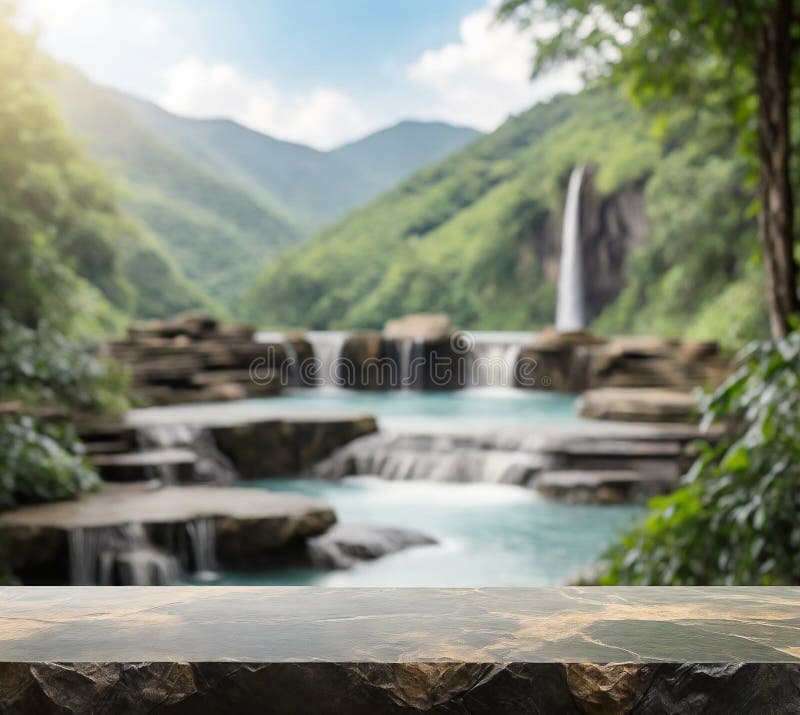 Waterfall with Empty Table Top Stone Podium Outdoor in Tropical Forest ...