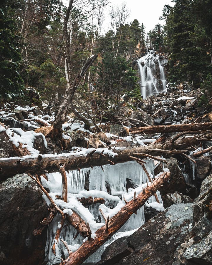 Waterfall with Fallen Trees, Snow and Stalactites in the Forest Stock ...