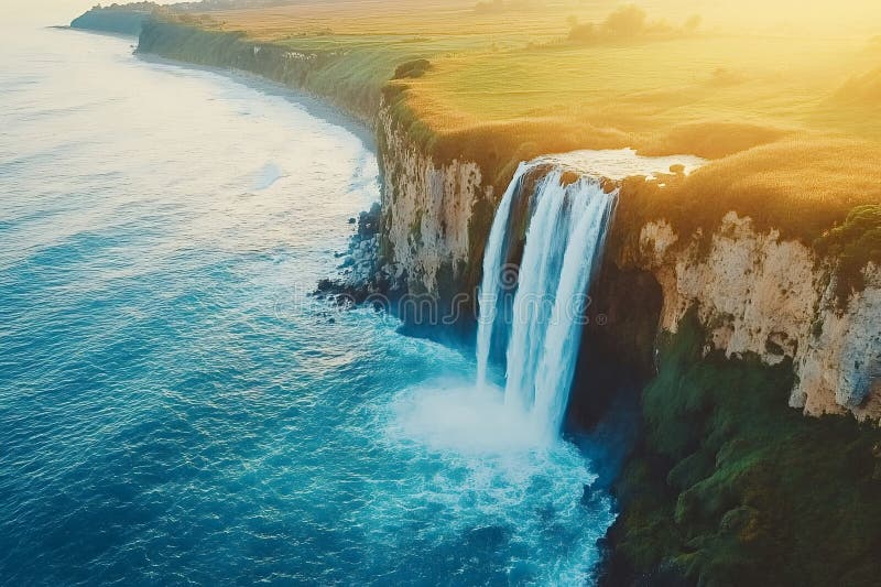 Waterfall Falling from Cliff into Ocean at Sunset Stock Photo - Image ...