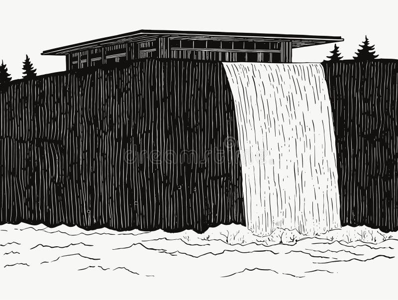 A Waterfall Falling from a Dam - Modern House on Waterfall Stock Vector ...