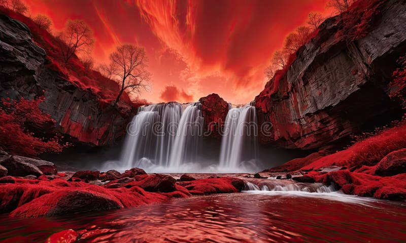 A Waterfall is Falling into a Pool of Water in a Red Landscape. Stock ...