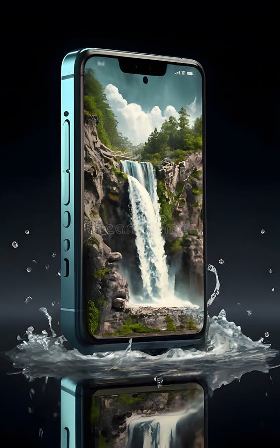 Waterfall Falling from Smartphone Screen on Dark Background. 3d ...