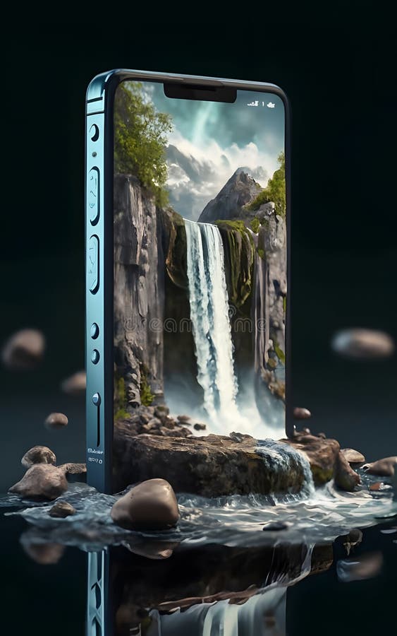 Waterfall Falling from Smartphone Screen on Dark Background. 3d ...