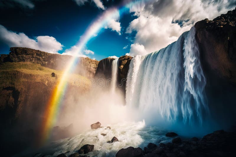 Waterfall with Falling Water from Above and a Colorful Rainbow in the ...