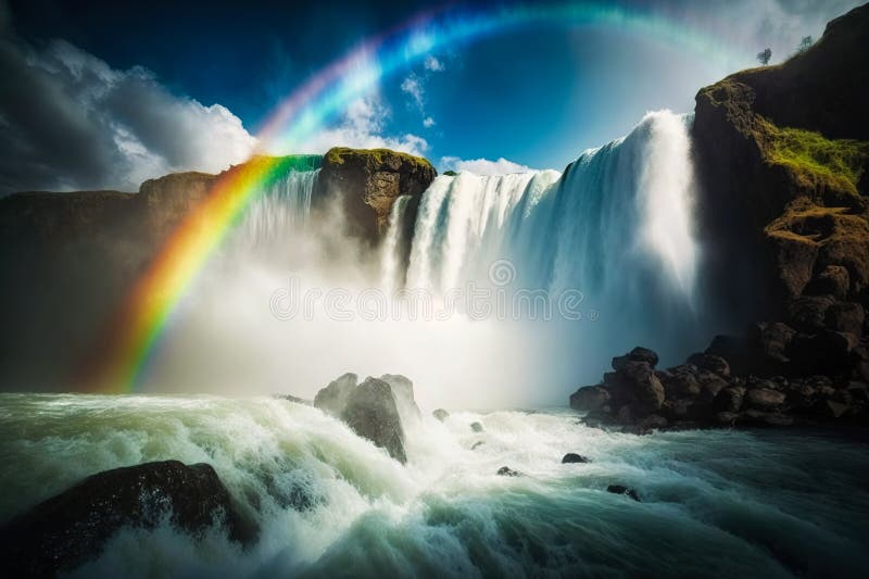 Waterfall with Falling Water from Above and a Colorful Rainbow in the ...