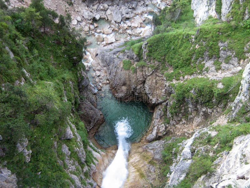 The Waterfall Falls into a Deep Rocky Gorge. Top View in Perspective ...