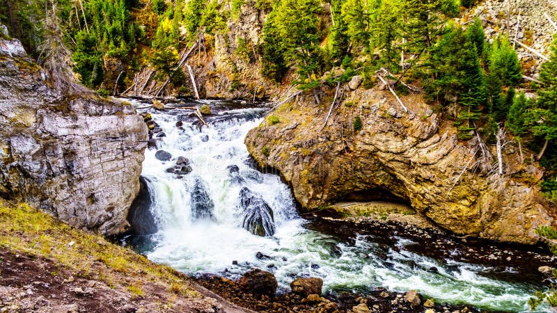 Waterfall in the Firehole River at the Firehole Canyon Road in ...