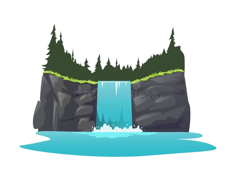 Waterfall, Flat Cartoon Style, Vector Illustration Isolated on White ...