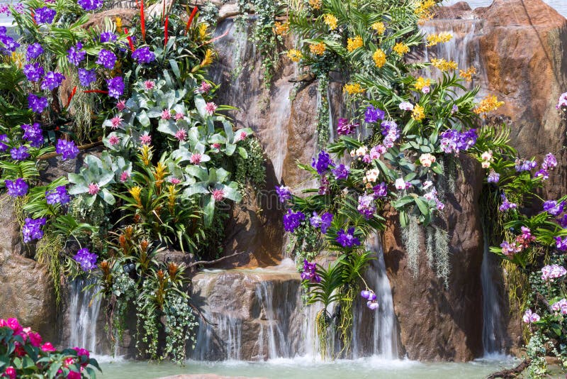 Waterfall and Flowers in Garden Stock Photo - Image of pond, flora ...