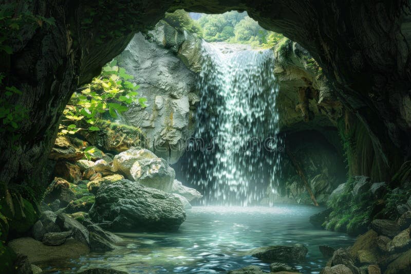 Waterfall Flowing from Cave Entrance Creating Natural Pool Stock Photo ...
