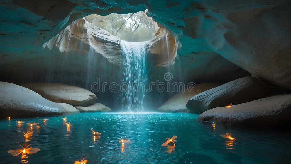 Enchanted Waterfall Cave: Tranquil Pool with Glowing Fireflies Stock ...