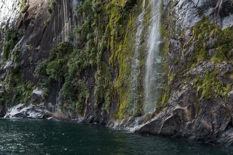 Waterfall Flowing Down the Side of a Cliff with Plants and Moss Growing ...