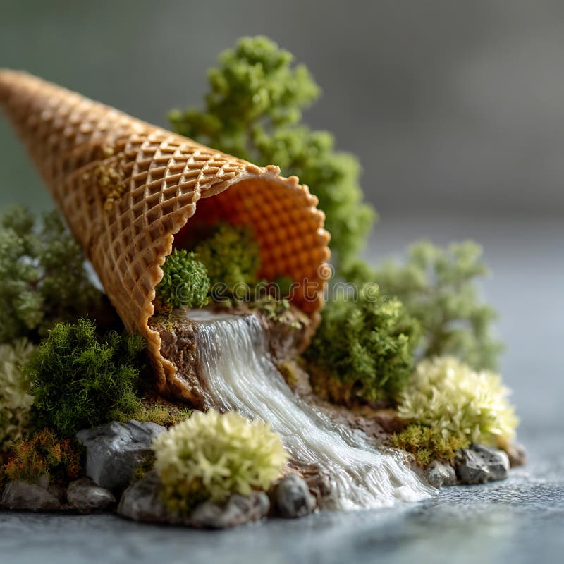Waterfall Flowing Down from a Waffle Cone, Surrounded by Lush Greenery ...
