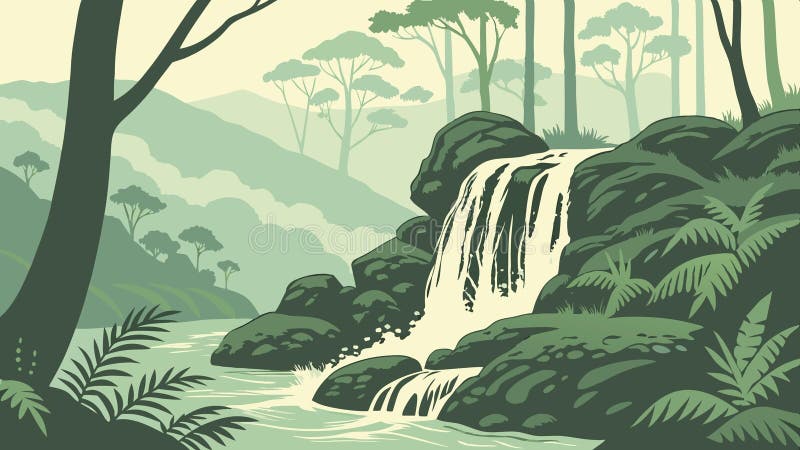 Waterfall Flowing into a Forest Pool, Tranquil Nature Scenery Vector Design Generative AI Stock ...