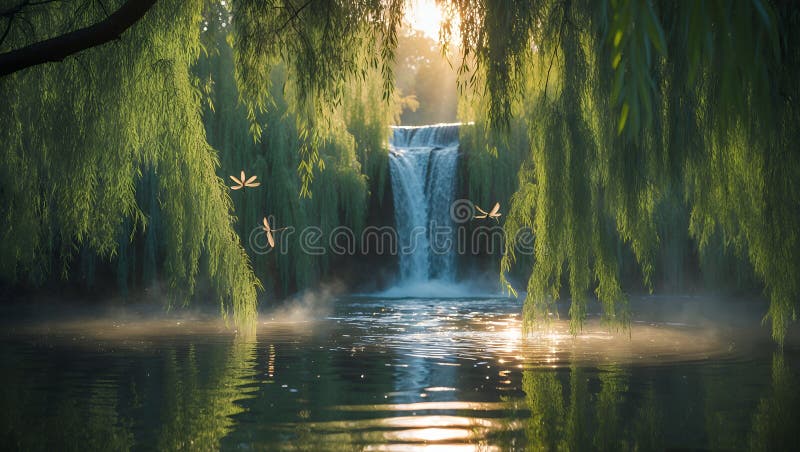 Serene Waterfall Scene: Dragonflies and Willow Trees at Sunrise Stock ...
