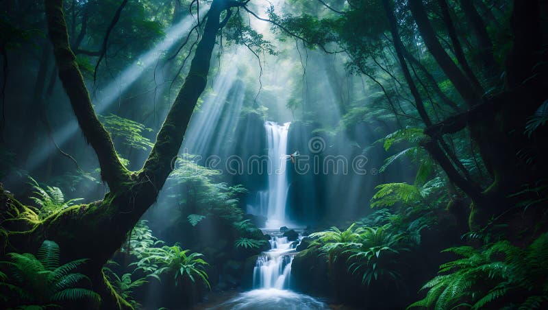 Enchanted Waterfall in Lush Rainforest, Sunbeams Illuminating Mystical ...