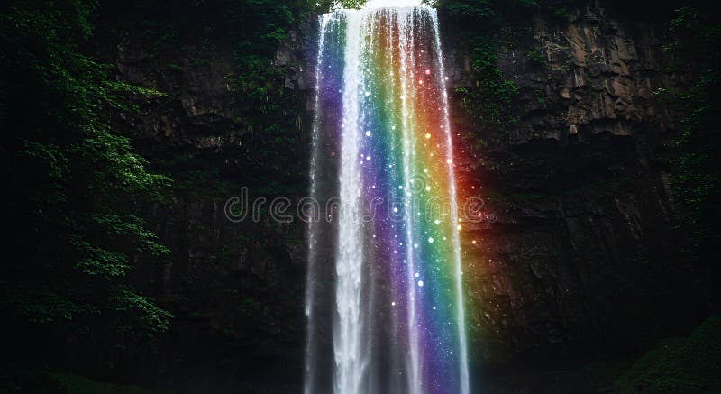 Waterfall Flowing with Rainbow Light Effect through Lush Greenery ...