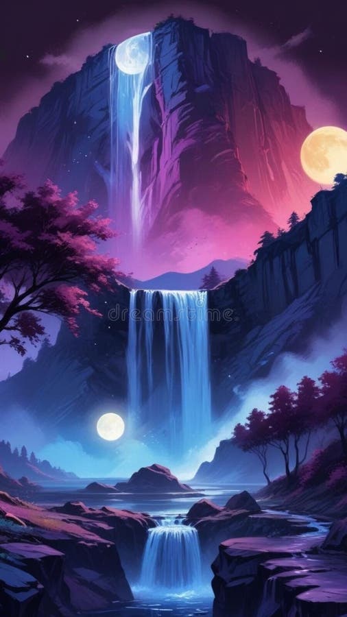 Waterfall Flowing between Two Mountains Stock Illustration ...