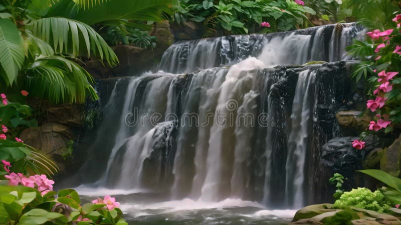 A Waterfall Flows Gracefully in the Midst of Lush Tropical Greenery, a ...