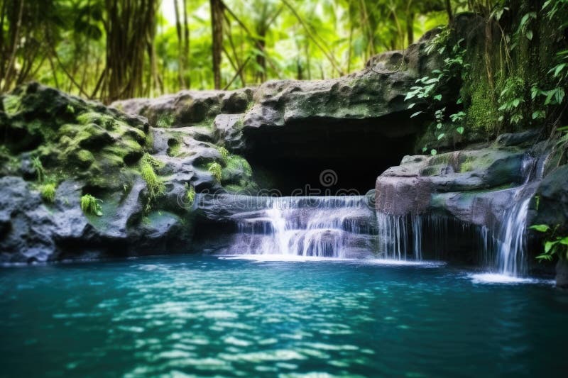 A Waterfall Flows into a Serene Hot Spring Pool Stock Illustration ...
