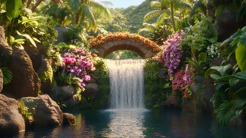 Waterfall Flows Under a Flowerdraped Arch Stock Illustration ...