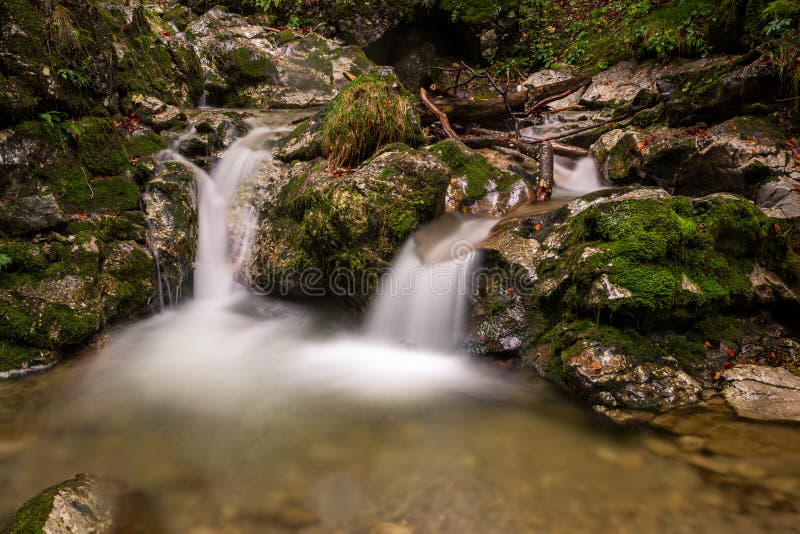 Waterfall in Forest Over Mossy Stones Stock Image - Image of rock ...