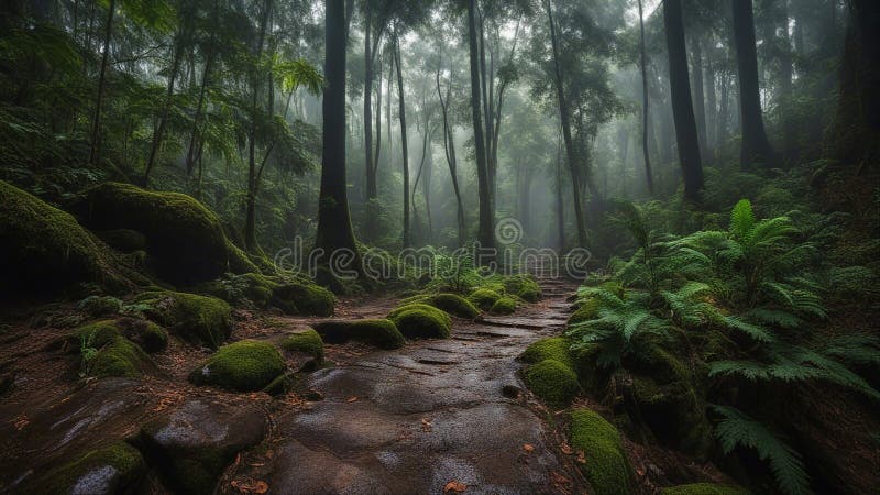 Waterfall in the Forest Dark a Path through the Forest in the Rain ...