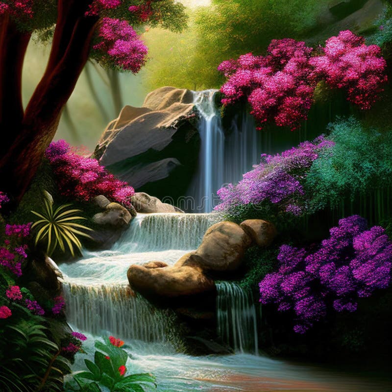 Waterfall in Forest Flowers Trees Bright Image Stock Image - Image of ...