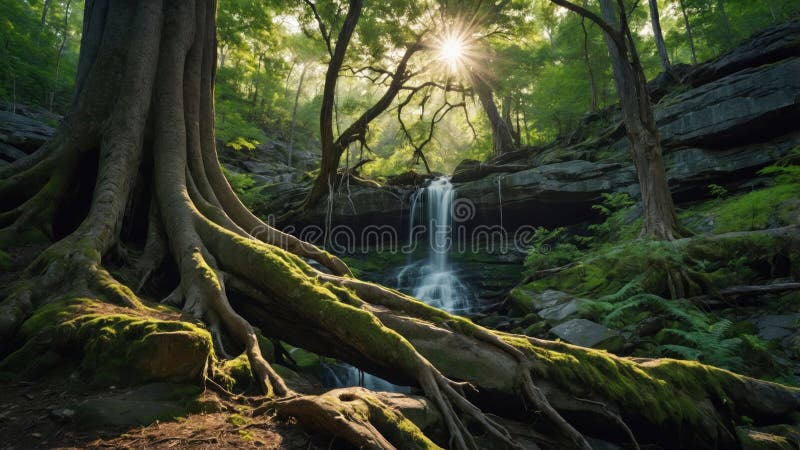 Sunlit Waterfall Cascading Over Mossy Rocks and Ancient Tree Roots in ...