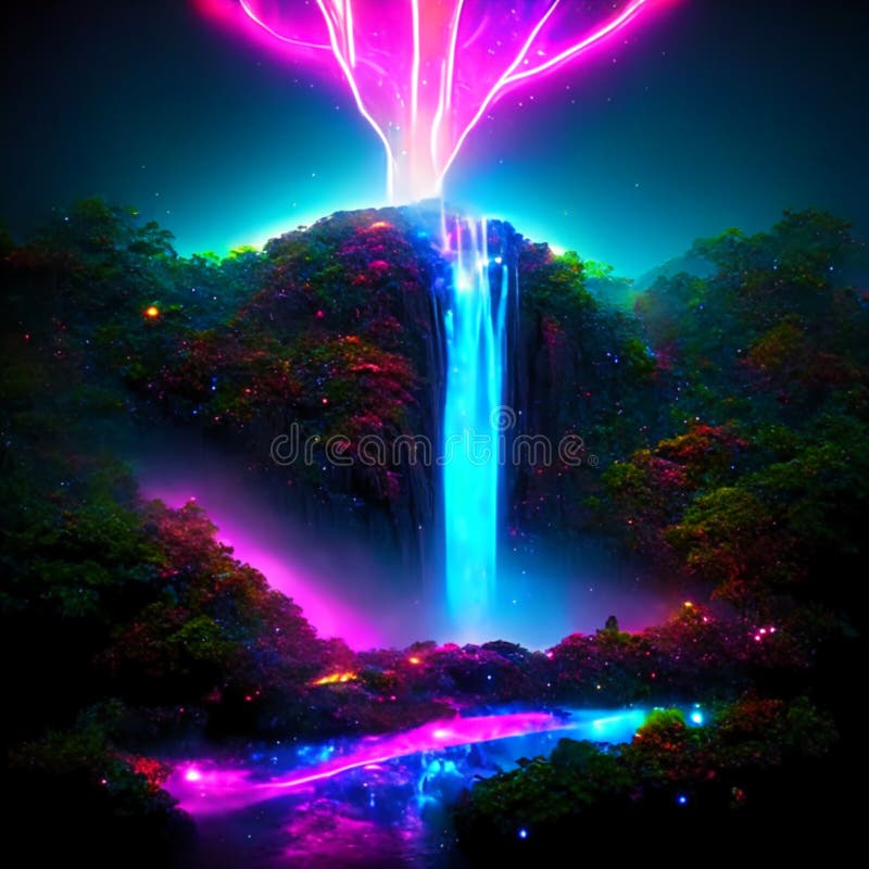 Waterfall in the Forest with Neon Lights. 3d Rendering Stock ...