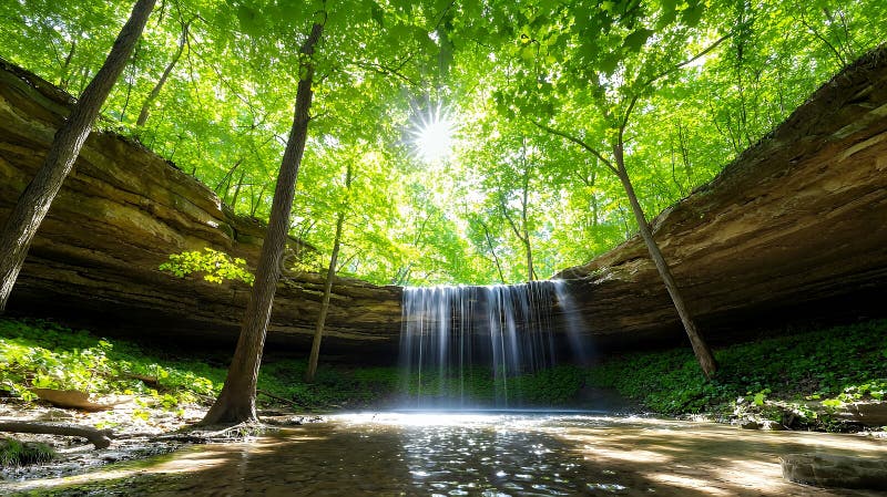 Waterfall in the Forest Sunlight Streaming Down Reflecting on Water ...