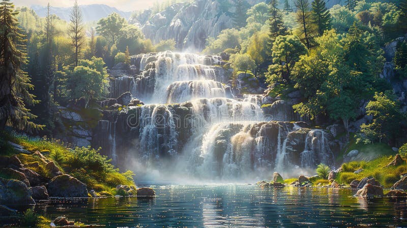 A Waterfall in the Forest with Trees and Rocks Stock Illustration ...