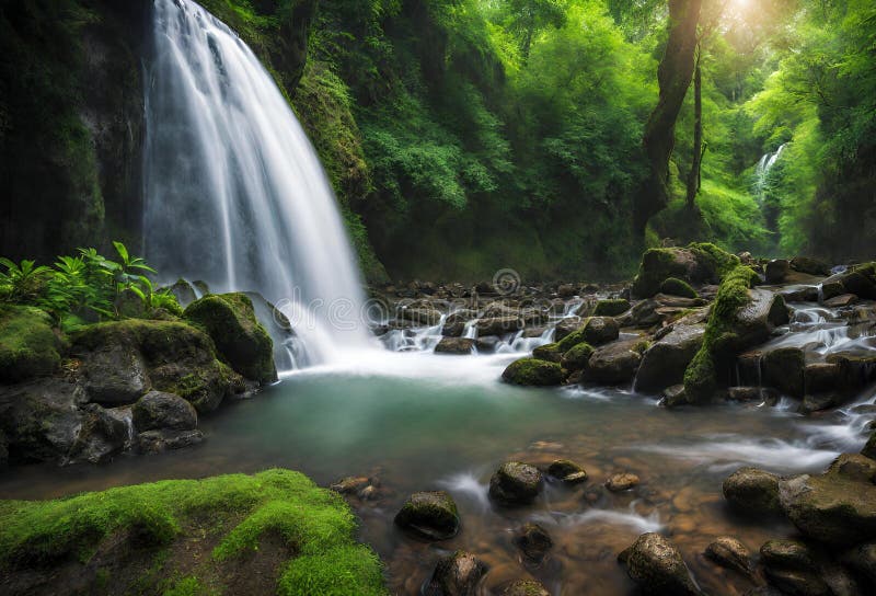 Waterfall in the Forest Water Flows Down the Mountainside Generative AI ...