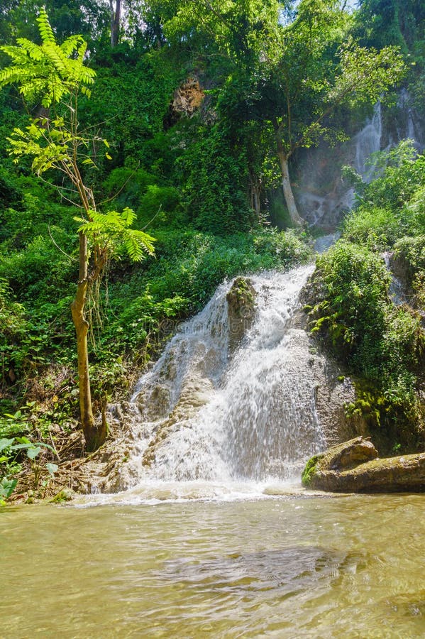 Waterfall Forests with Sunlight on Green Leaves Stock Image - Image of ...