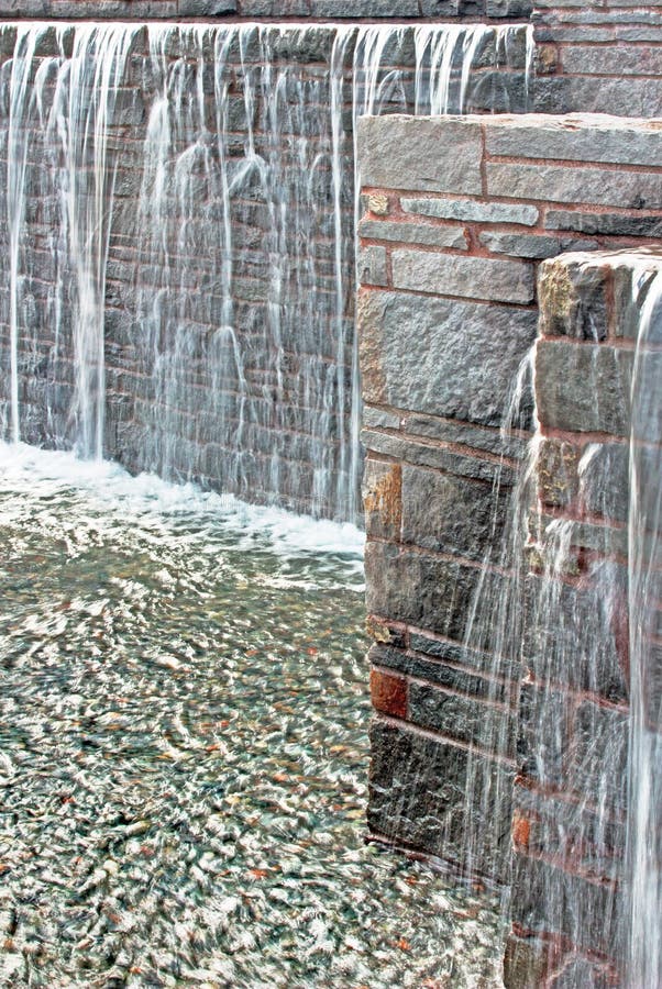Waterfall Fountain Over Bricks, Vertical Stock Image - Image of flow ...