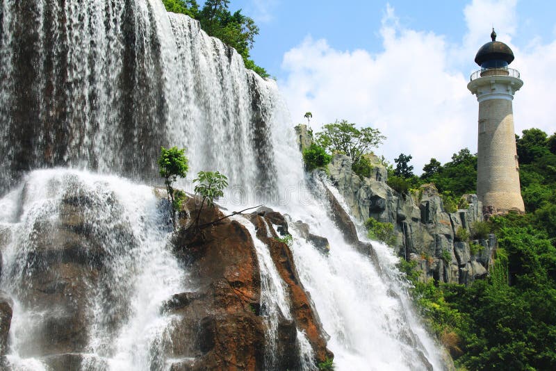 Waterfall Frozen in OCT East China with a Pagoda Stock Image - Image of ...