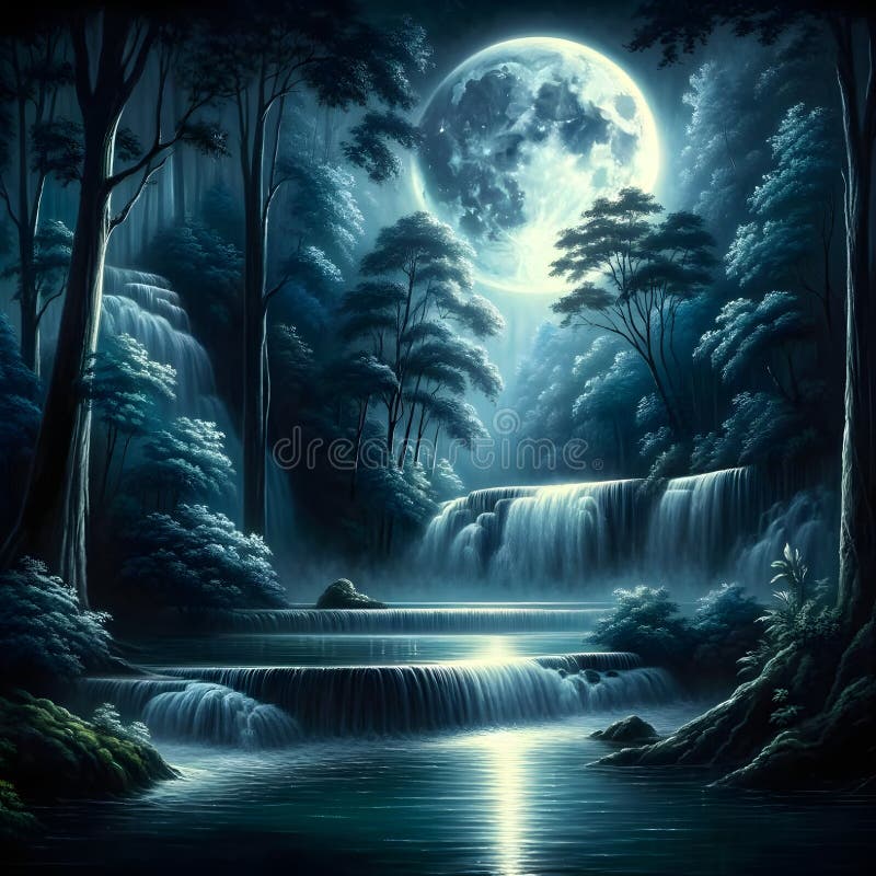 Waterfall with a Full Moon in the Background Stock Illustration ...
