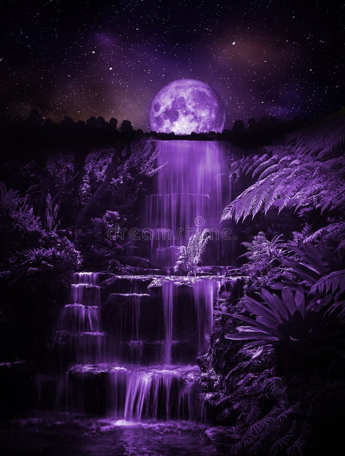Waterfall and Full Moon at Nightscape Stock Image - Image of exposure ...