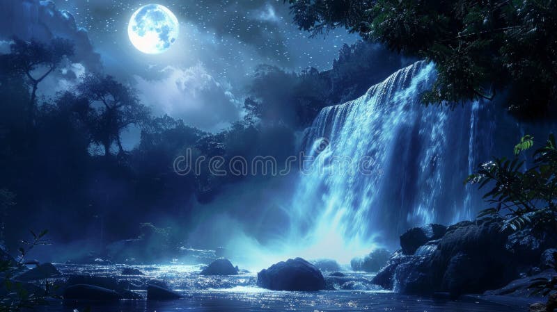 Waterfall with Full Moon, Outdoors Stock Image - Image of light, moon ...