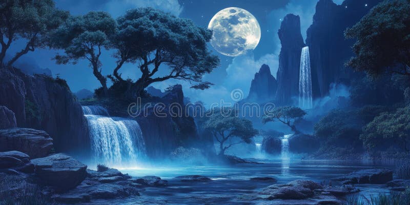 Waterfall with Full Moon stock image. Image of peaceful - 378090161