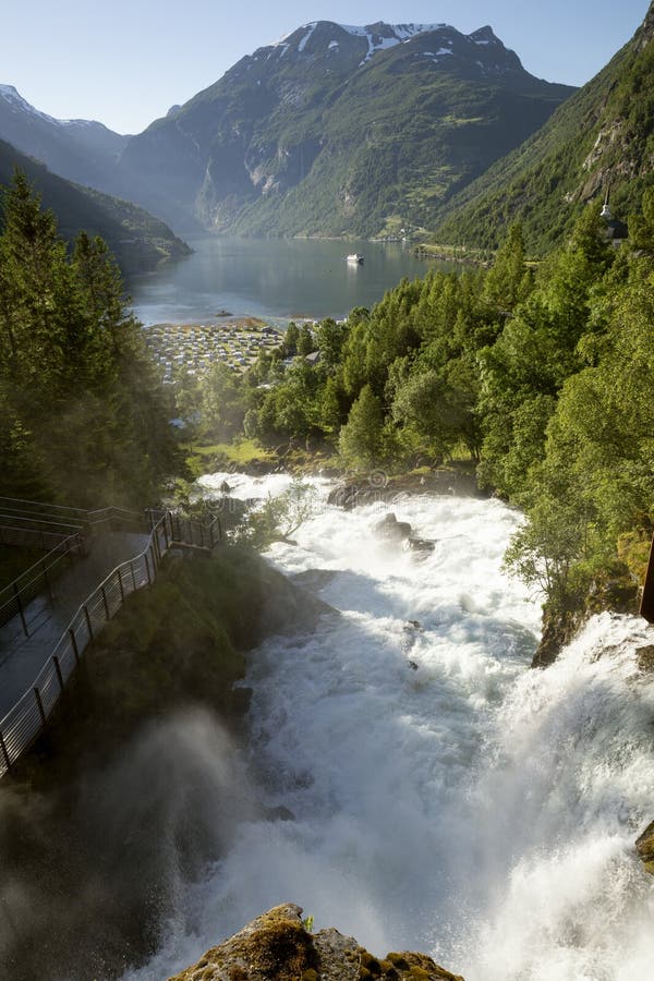 Waterfall in Geiranger Fjord Norway Stock Photo - Image of fjord ...