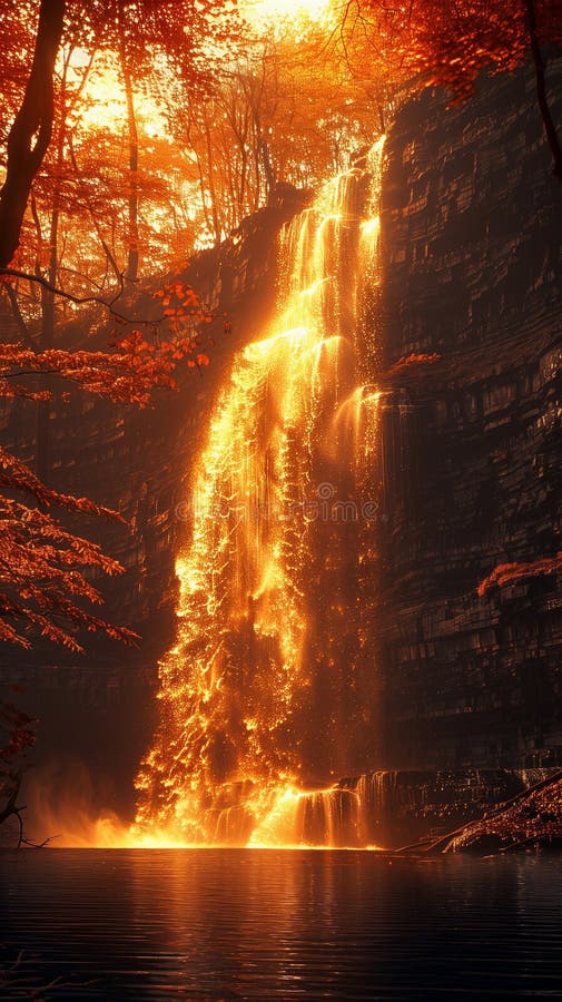 Waterfall from a Great Height, Shot with a Red Filter, View from Below ...