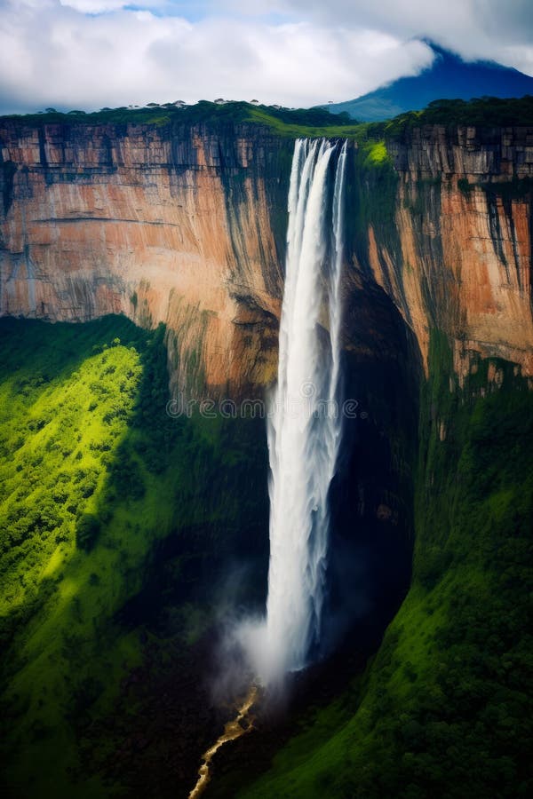 Waterfall with Green Field Below it and Tree in the Foreground ...