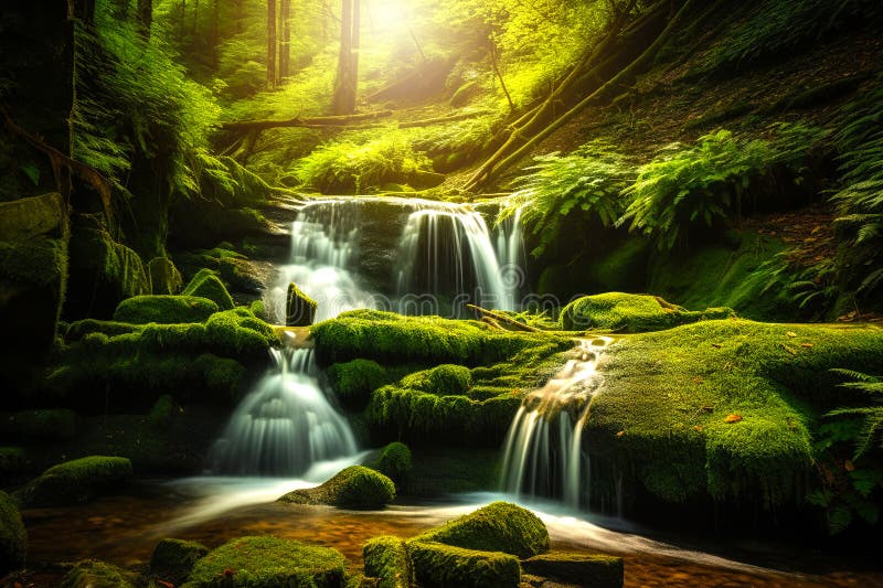 Waterfall in Green Forest. Generative Ai Stock Illustration ...