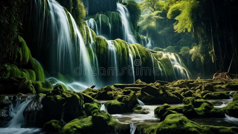 Waterfall in Green Forest Landscape Stock Video - Video of forest ...