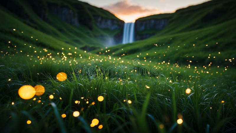Magical Firefly Glow in Grassy Meadow with Waterfall Sunset Stock ...