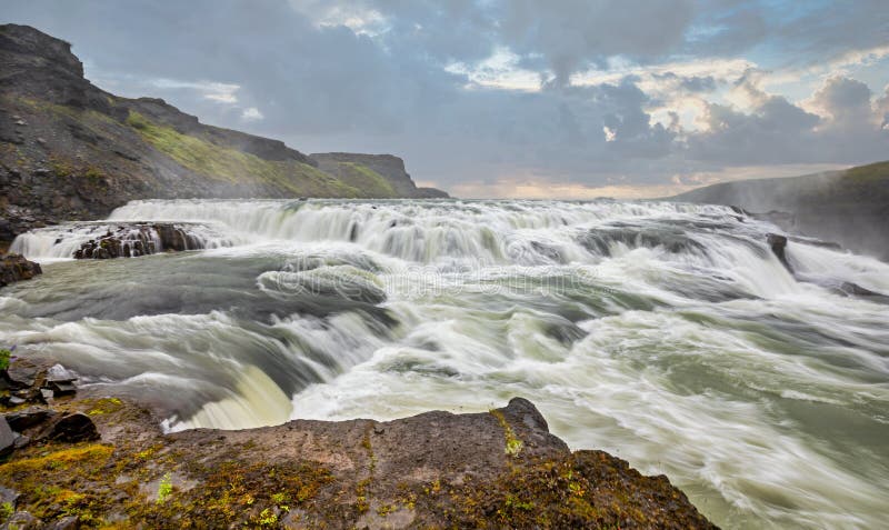 Waterfall Gullfoss in Iceland at Evening - Panoramic View Stock Image ...