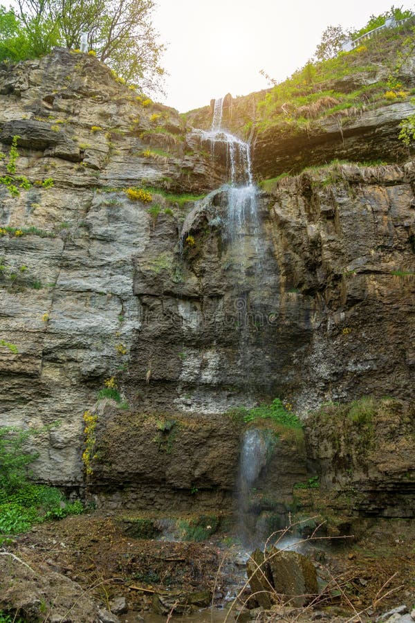 Waterfall with High Stone Cliff Stock Photo - Image of environment ...