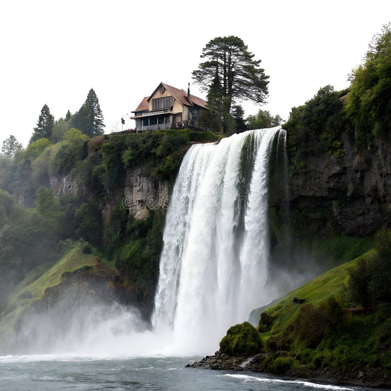 Waterfall with House and Trees, Isolated on White Background Stock ...