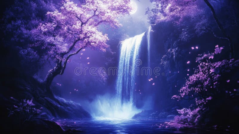 A Waterfall Illuminated by Moonlight Pours into a Forest Pool at Night ...
